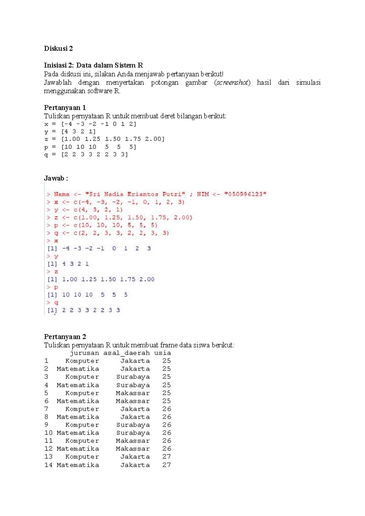 Diskusi 2 (SRI Nadia Eriantos Putri 050996123 - Diskusi 2 Inisiasi 2: Data dalam Sistem R Pada ...