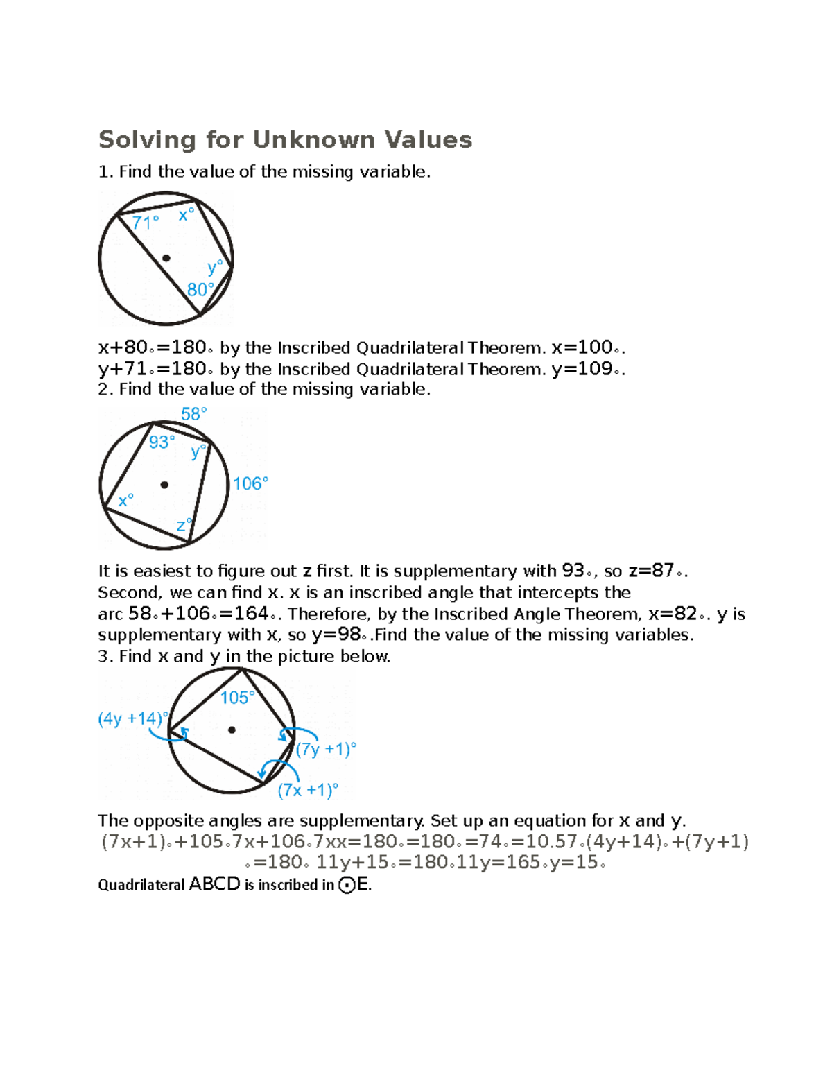 Math part 30 - Notes - Solving for Unknown Values 1. Find the value of ...