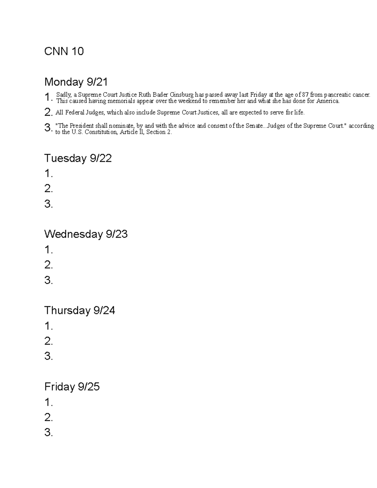 25 - Not available - CNN 10 Monday 9/ 1. 2. 3. Tuesday 9/ 1. 2. 3 ...