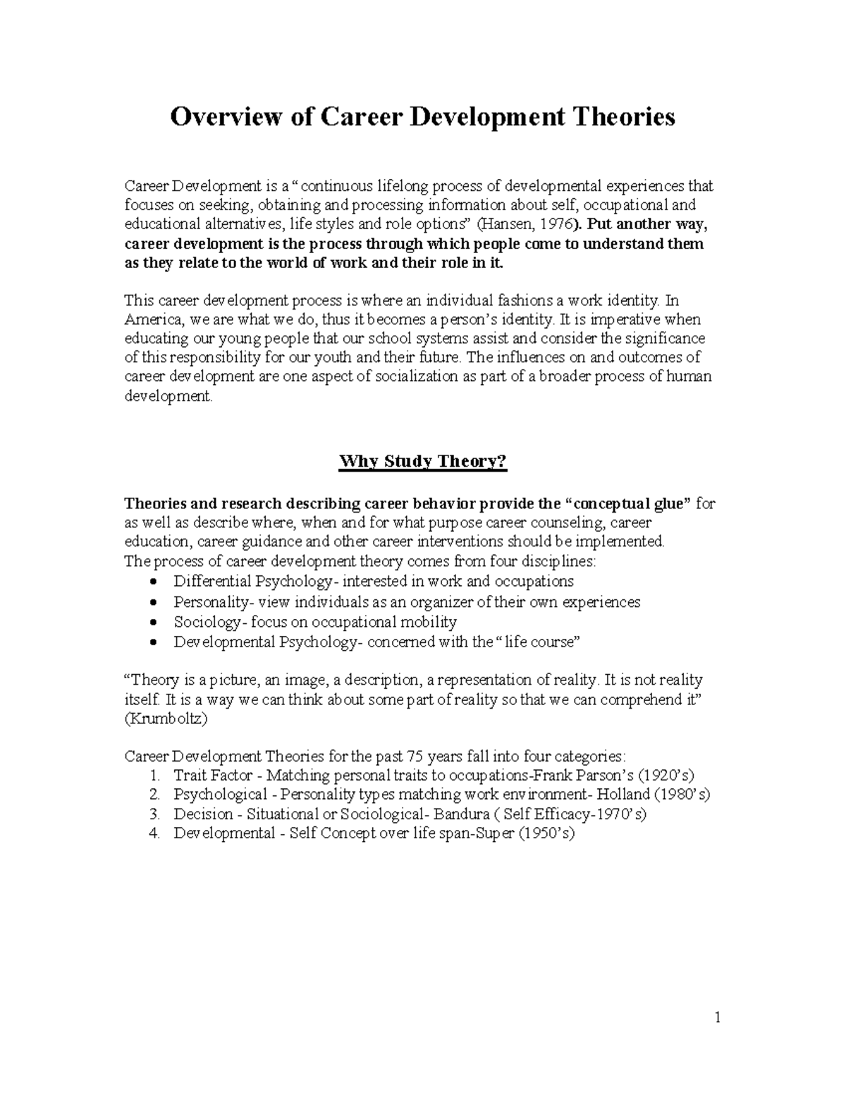 Overview of Holland Bandura and Super - Overview of Career Development ...