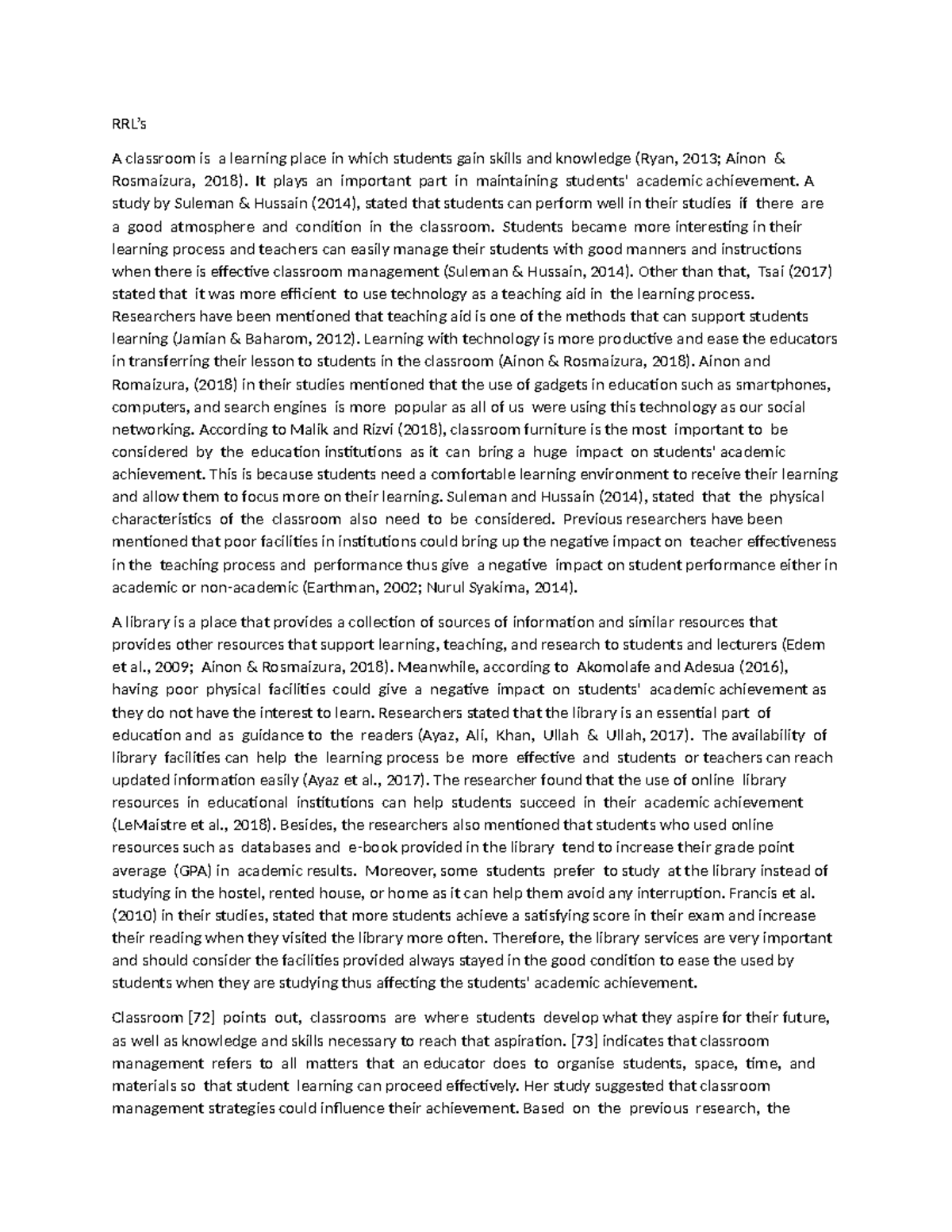 RRLS - PPPP - RRL’s A classroom is a learning place in which students ...