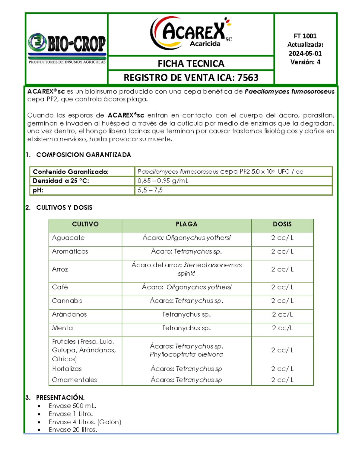 Ficha Tecnica Acarex - sss - FT 1001 Actualizada: 2024 - 05 - 01 FICHA ...
