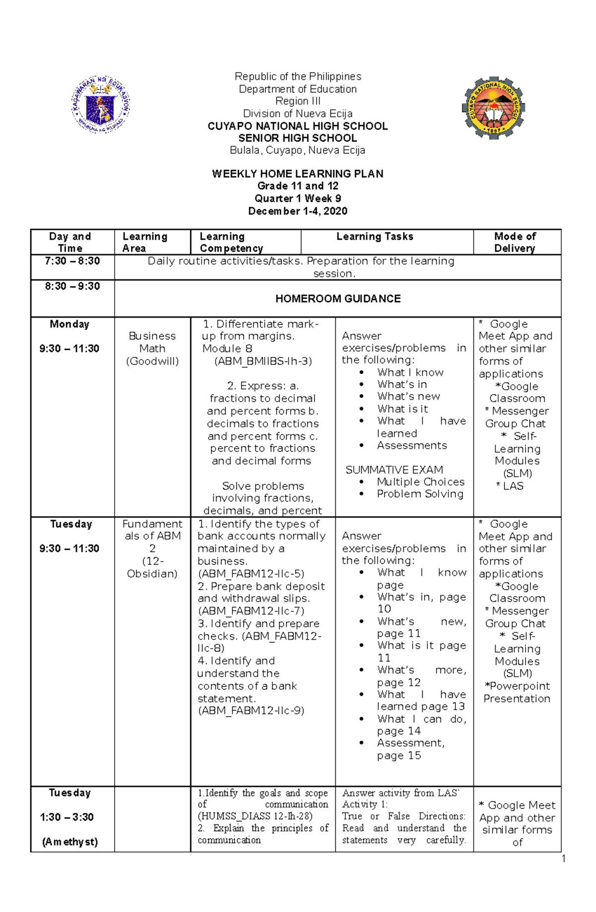 Weekly Home Learning Plan Republic Of The Philippines Department Of