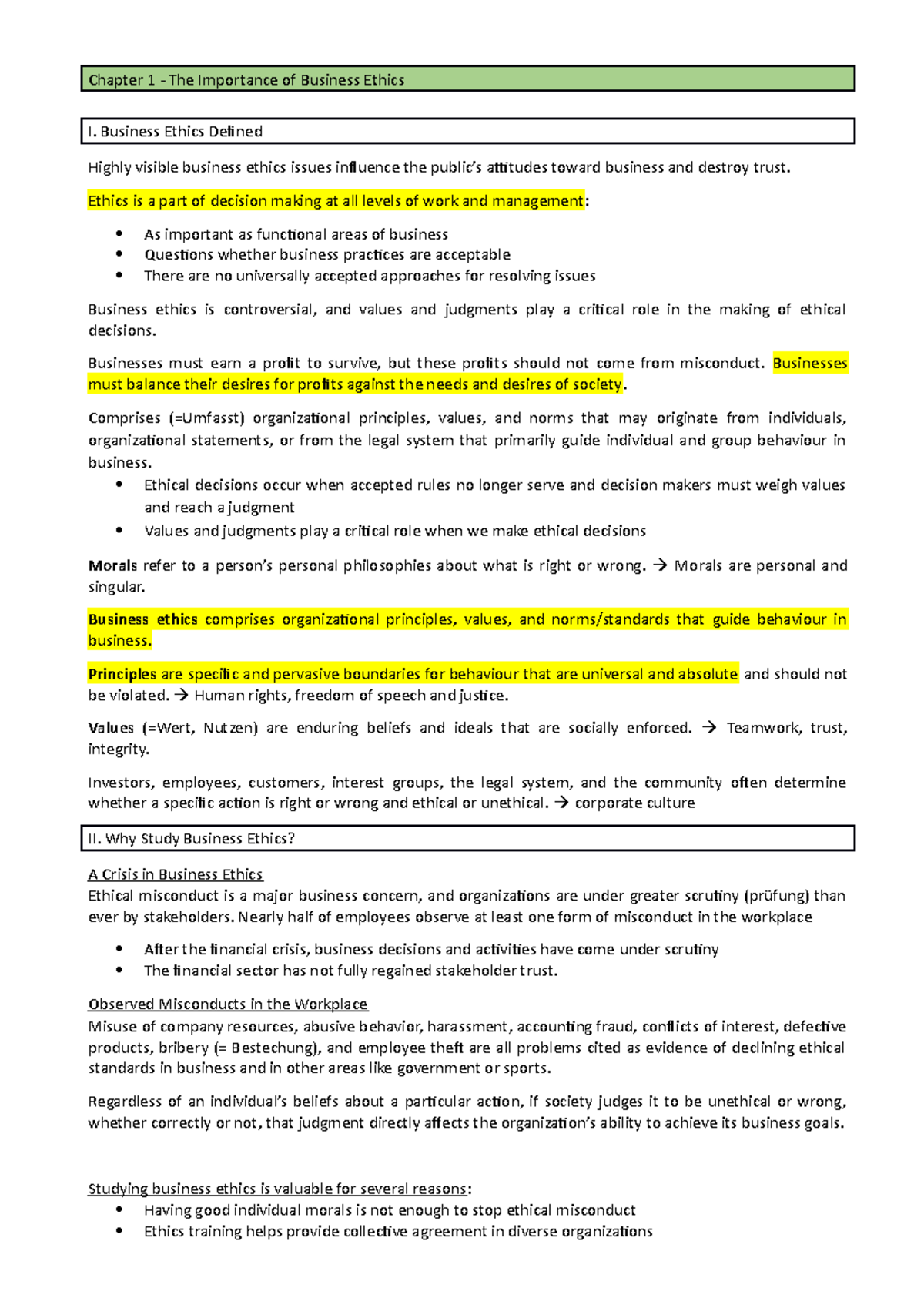 Summary Business Ethics - Chapter 1 The Importance of Business Ethics I ...