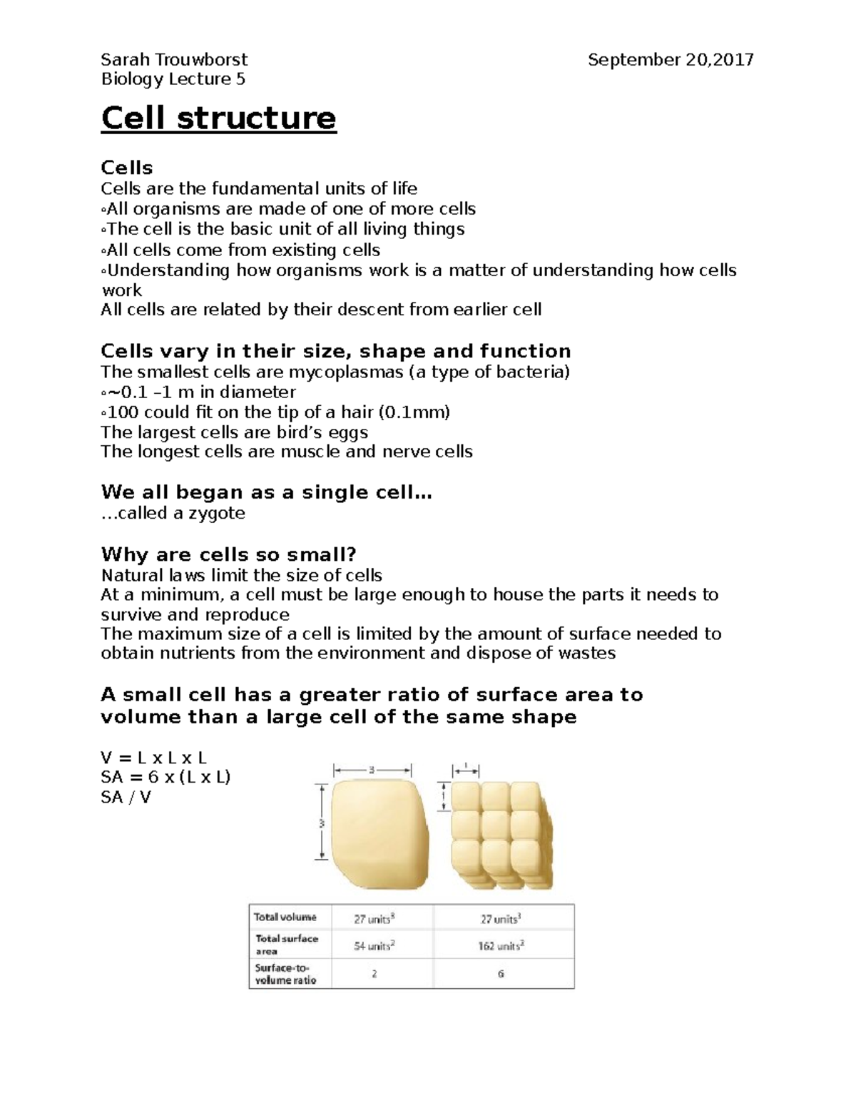 Bio lecture 5 - Cell structure - Biology Lecture 5 Cell structure Cells ...