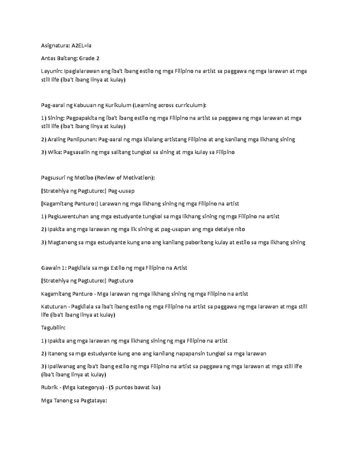 4As Detailed Lesson plan in Grade 2 1st quarter - Asignatura: A2EL=la ...