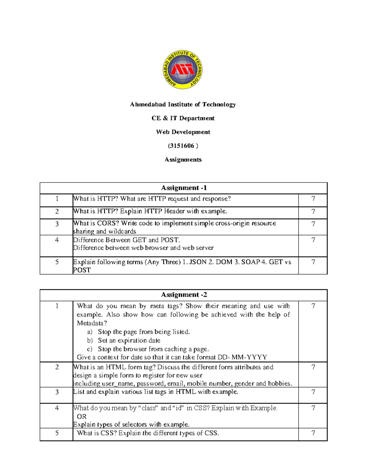 WD Assignment - Ahmedabad Institute of Technology CE & IT Department ...