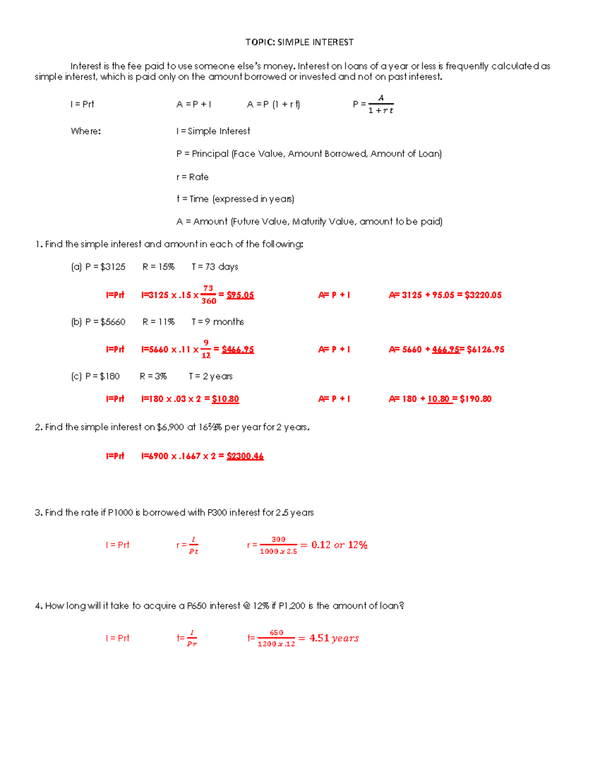 Lesson Simple Interest - TOPIC: SIMPLE INTEREST Interest is the fee ...