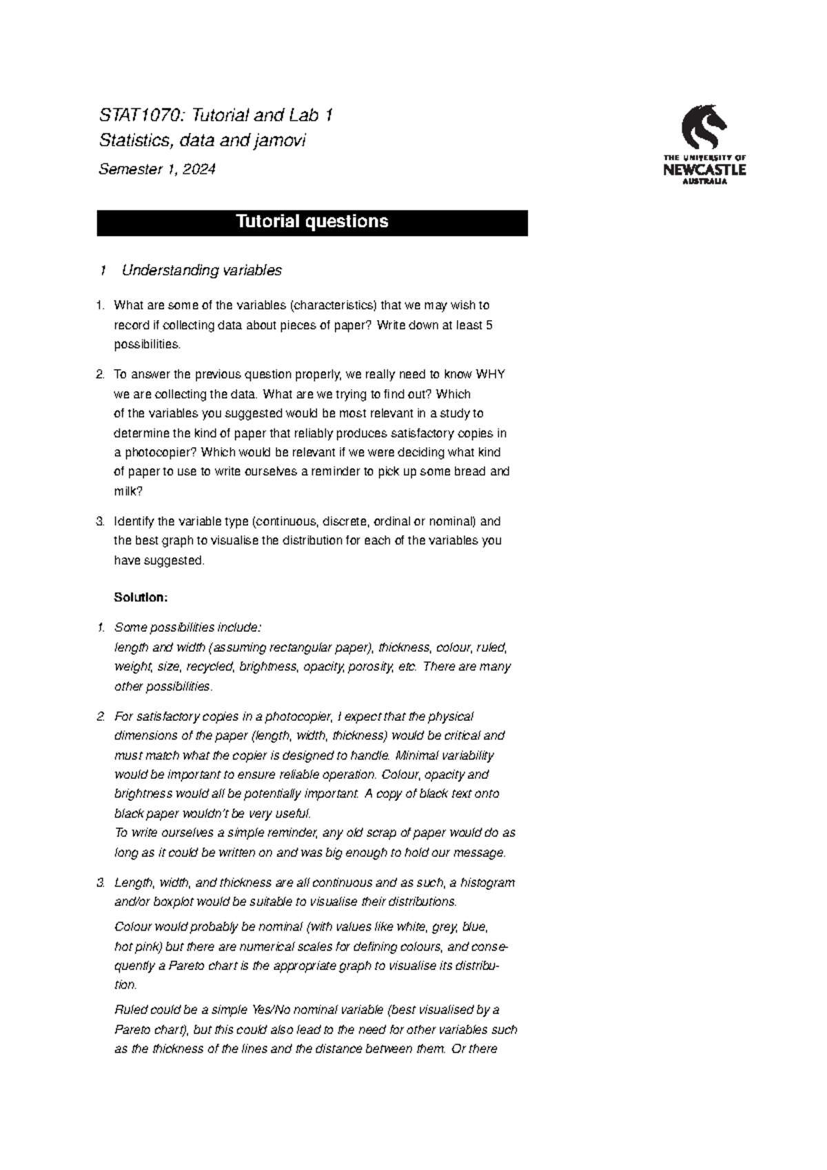 T01 s - tutorial and lab answers - STAT1070: Tutorial and Lab 1 Statistics, data and jamovi ...