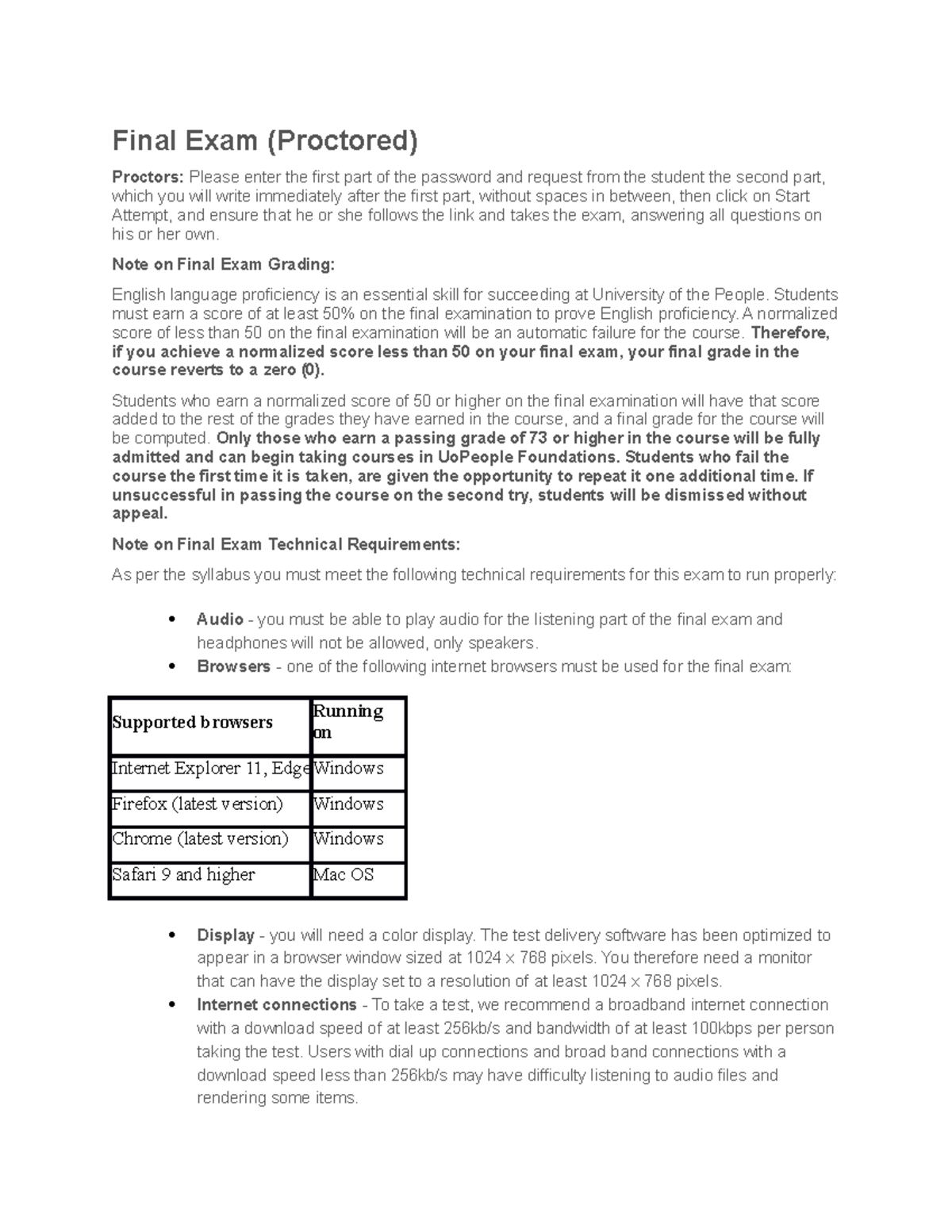Indications for final test engl 0101 - Final Exam (Proctored) Proctors ...