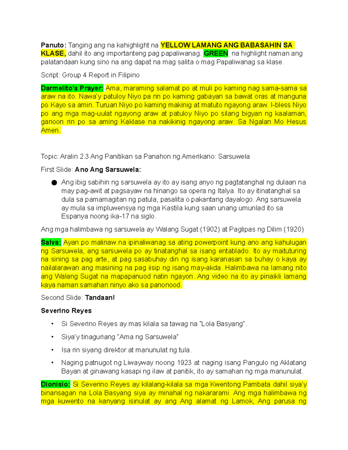 Script-Group-4 - nnnjnj - Panuto: Tanging ang na kahighlight na YELLOW ...