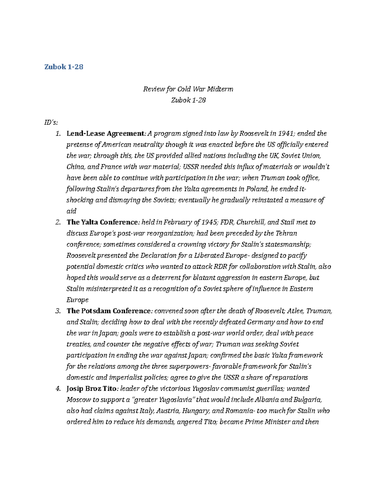 Lecture Notes Lecture All Review For Cold War Midterm Zubok Review