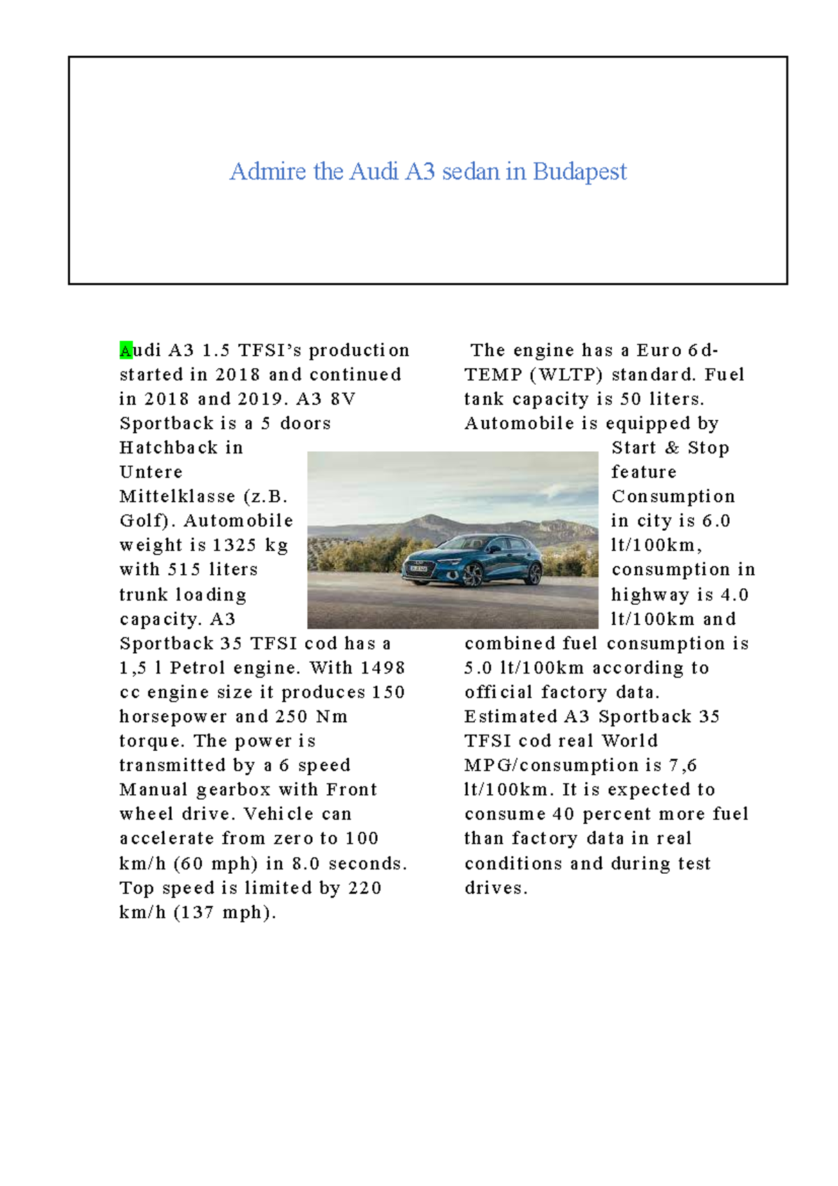 A3AUDI - Lecture notes 1,7 - Audi A3 1 TFSI’s production started in ...