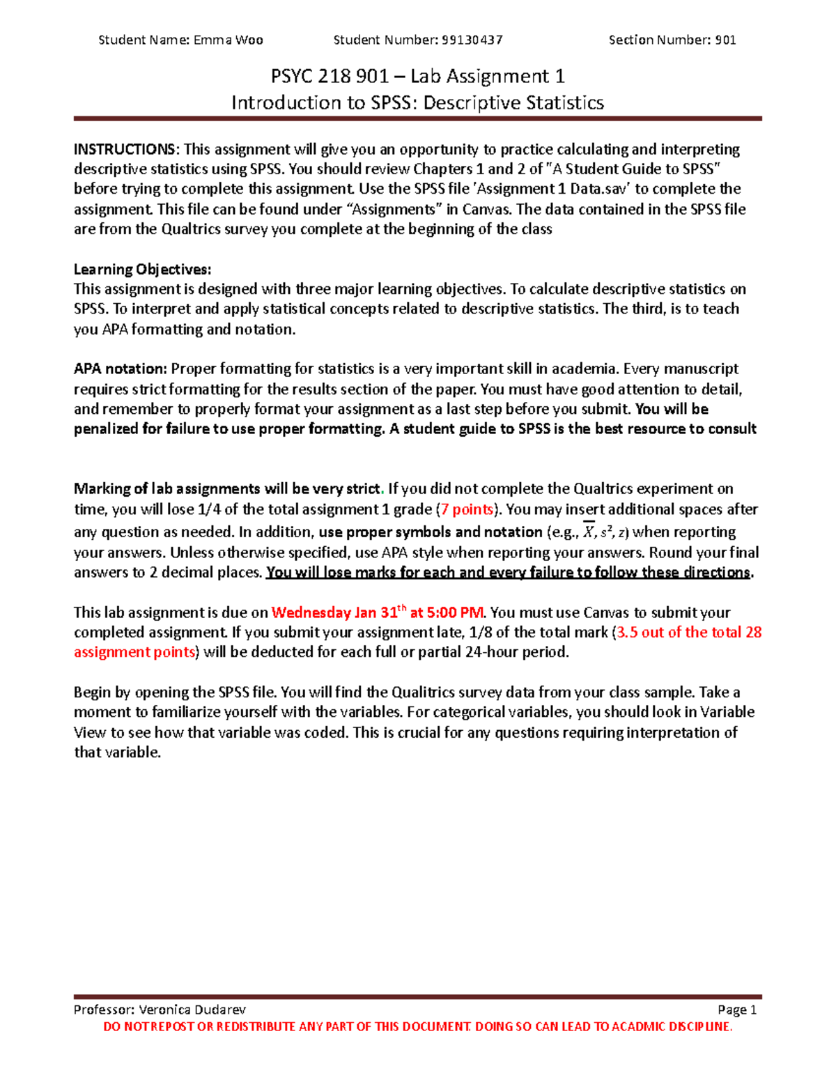 Assignment 1 218-901 2023 - PSYC 218 901 – Lab Assignment 1 ...