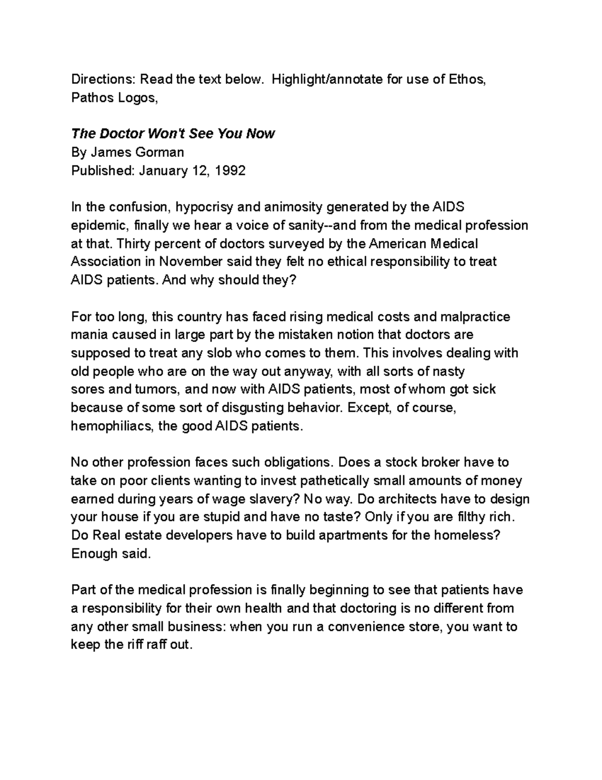 The Doctor Won't See You Now - Directions: Read the text below ...