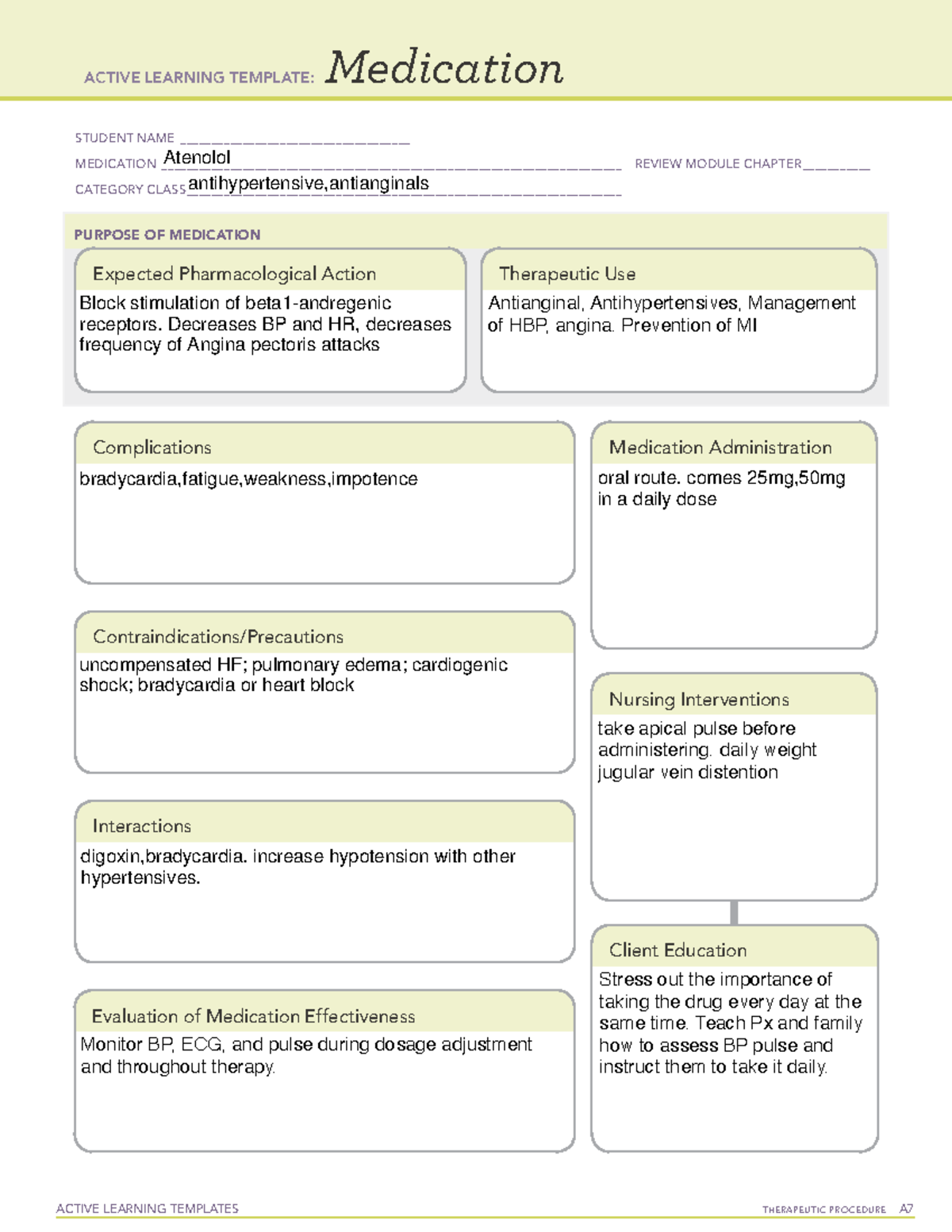 Atenolol - Review notes and answers for quiz 1 NURS 306. Notes for the ...