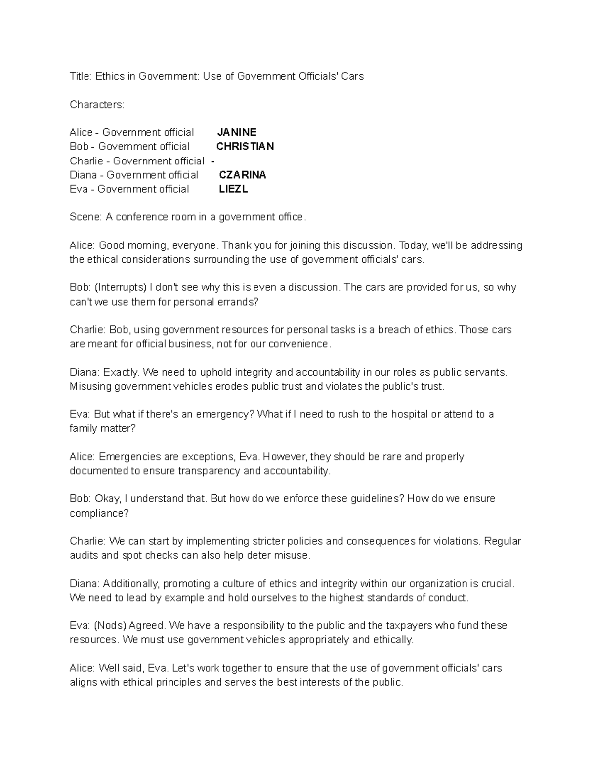 Script in ethics - None - Title: Ethics in Government: Use of ...