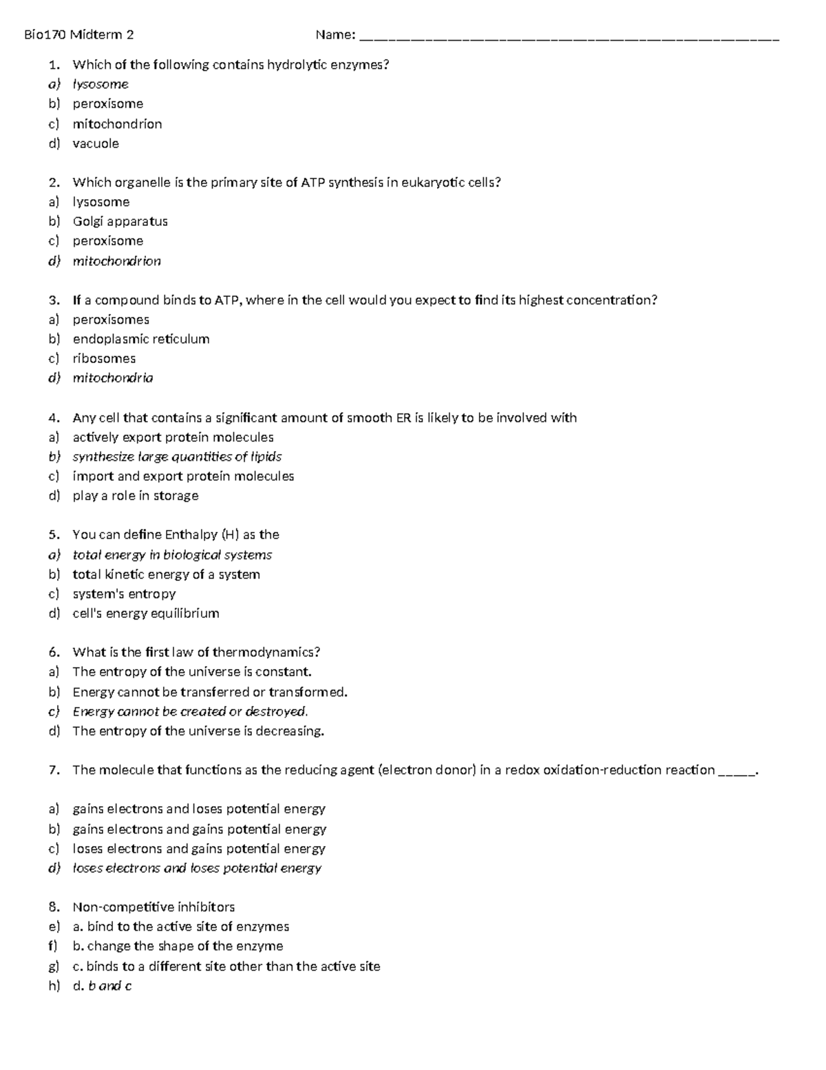 Midterm 2 S22 answers - Bio170 Midterm 2 Name: - Studocu