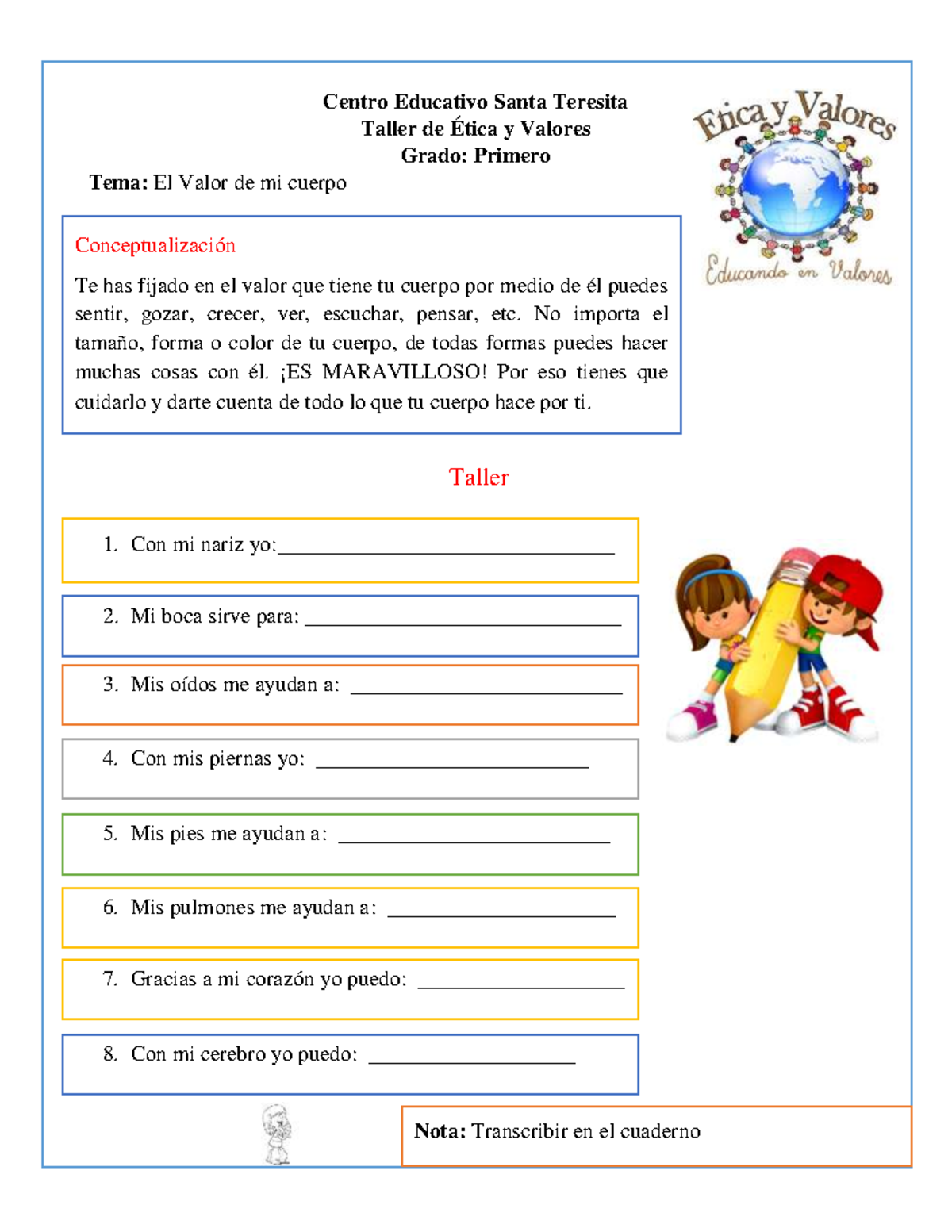 Primero #2 El Valor de mi cuerpo - Centro Educativo Santa Teresita ...