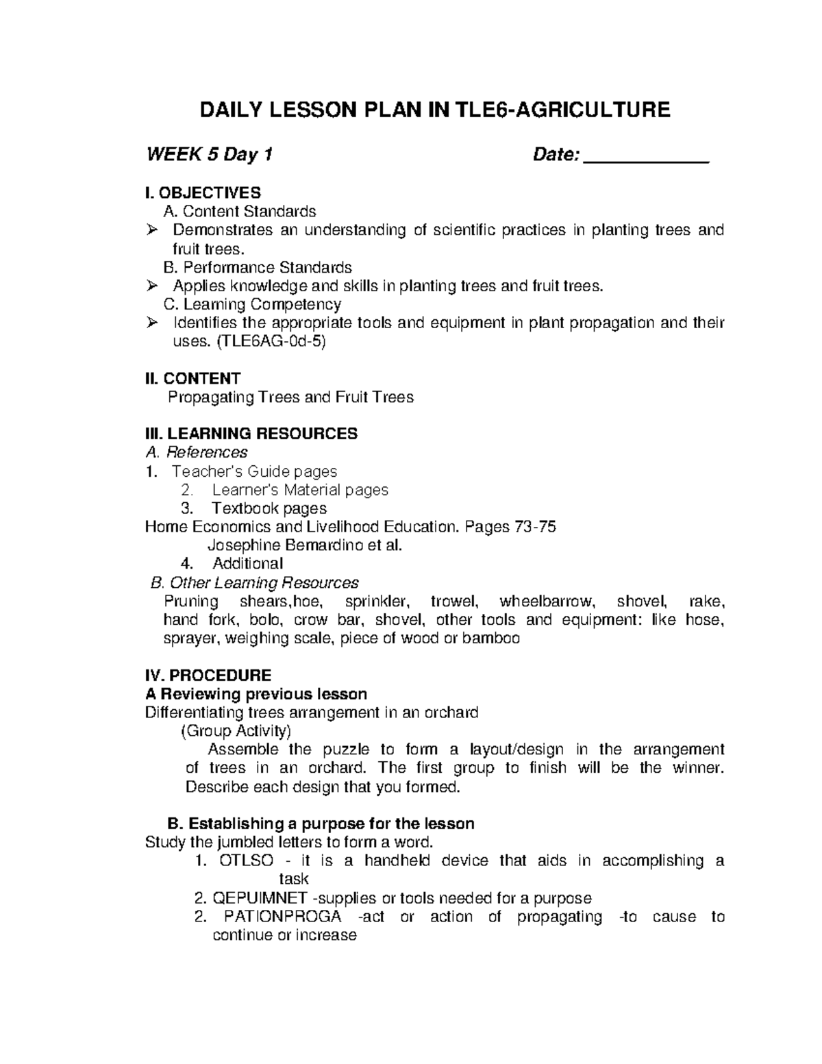 Grade 6 DLP TLE Agriculture - Week 5 - DAILY LESSON PLAN IN TLE6 ...