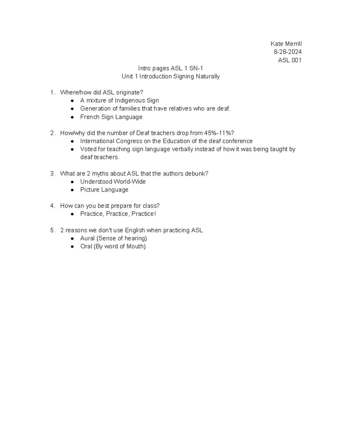 Unit 1- Introuction to Signing Naturally - Kate Merrill 8-28- ASL 001 ...
