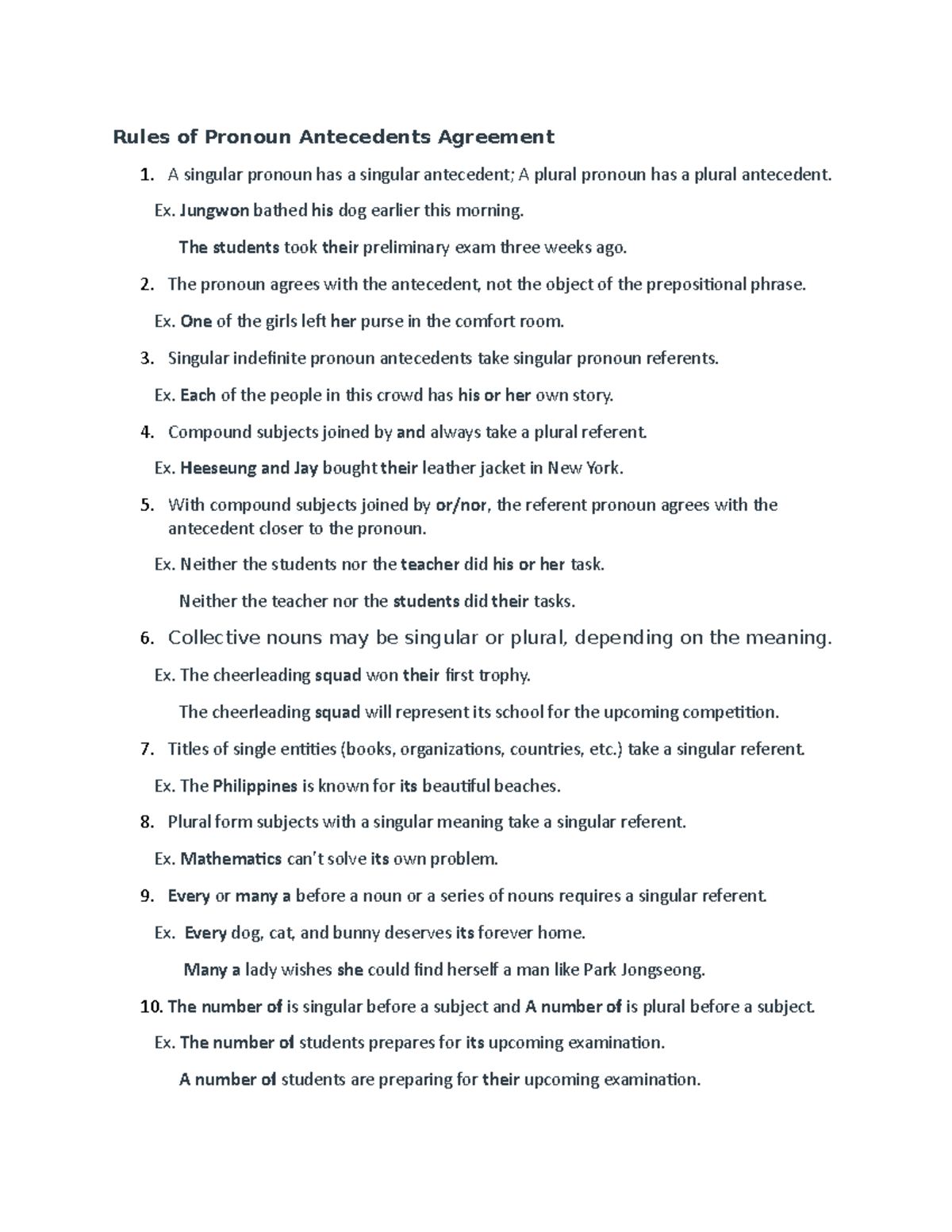 Rules of Pronoun Antecedents Agreement - A singular pronoun has a ...