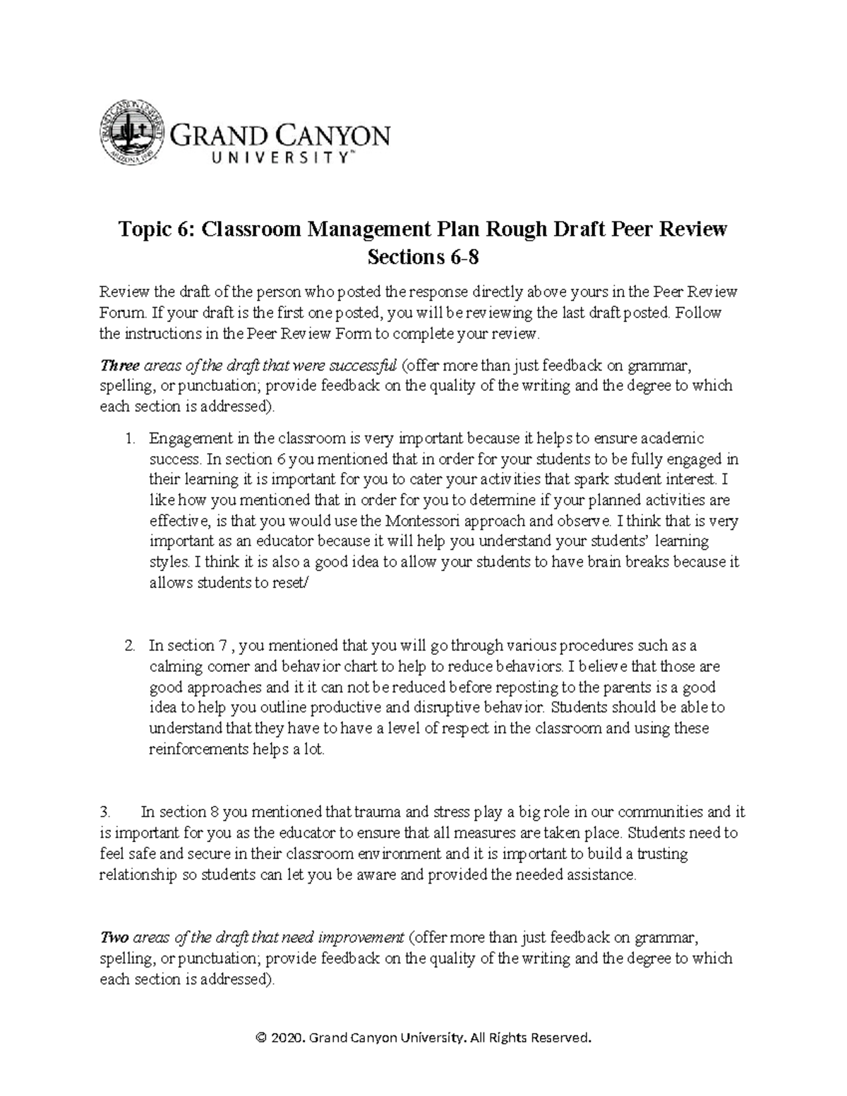 ECE 400 T6 Peer Review Form 6 8 - Topic 6: Classroom Management Plan ...