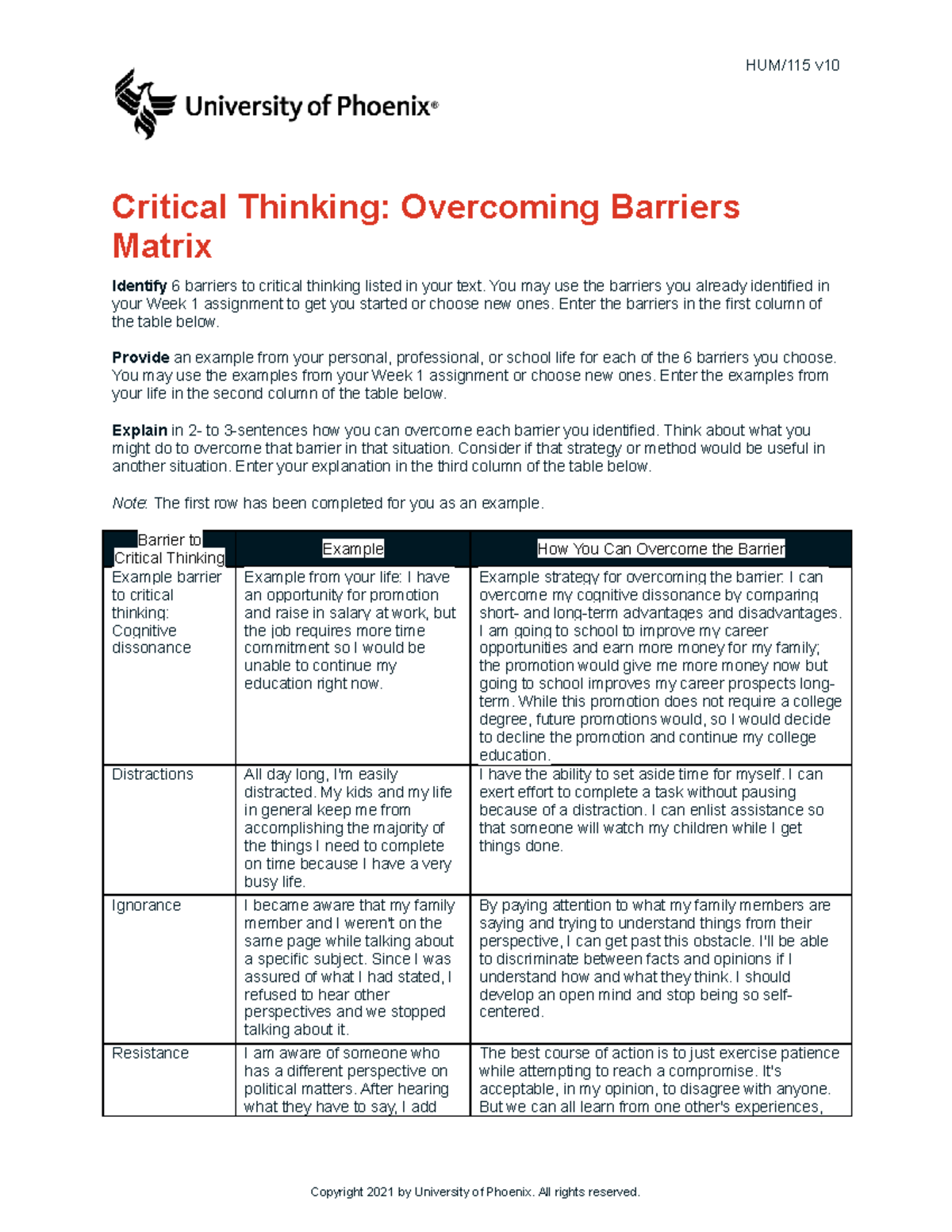 Hum115 v10 wk3 critical thinking overcoming barriers matrix - HUM/115 v ...