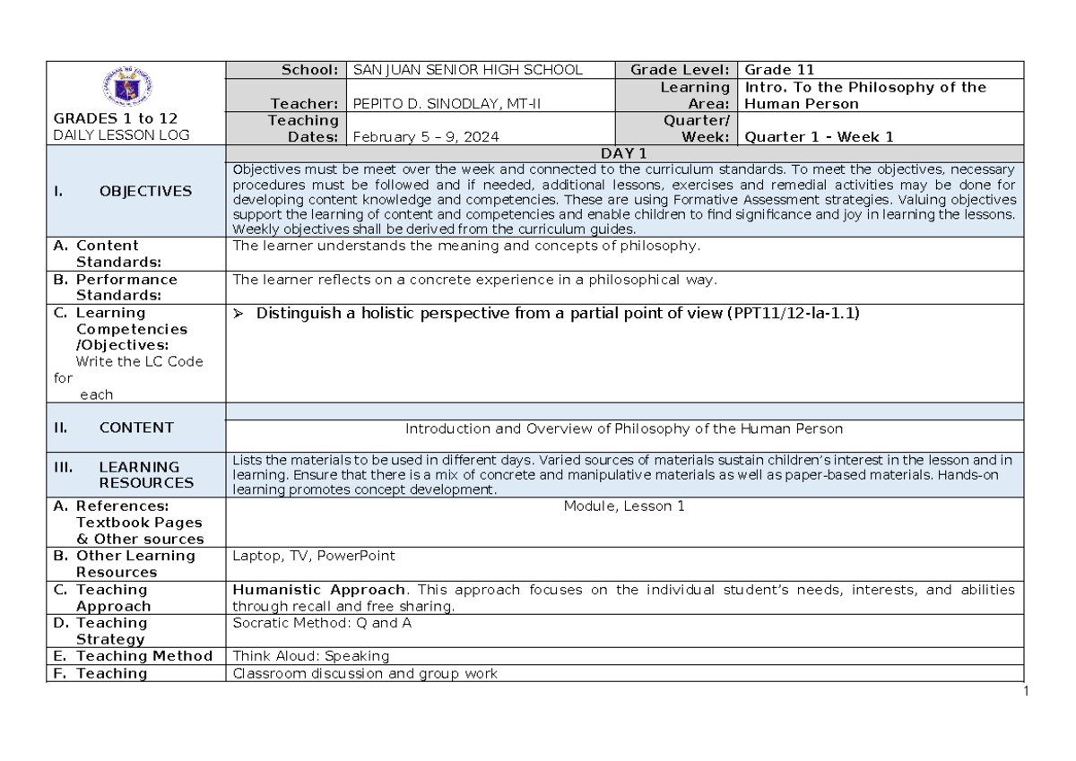 DLL SOLO Based Philo - GRADES 1 to 12 DAILY LESSON LOG School: SAN JUAN ...