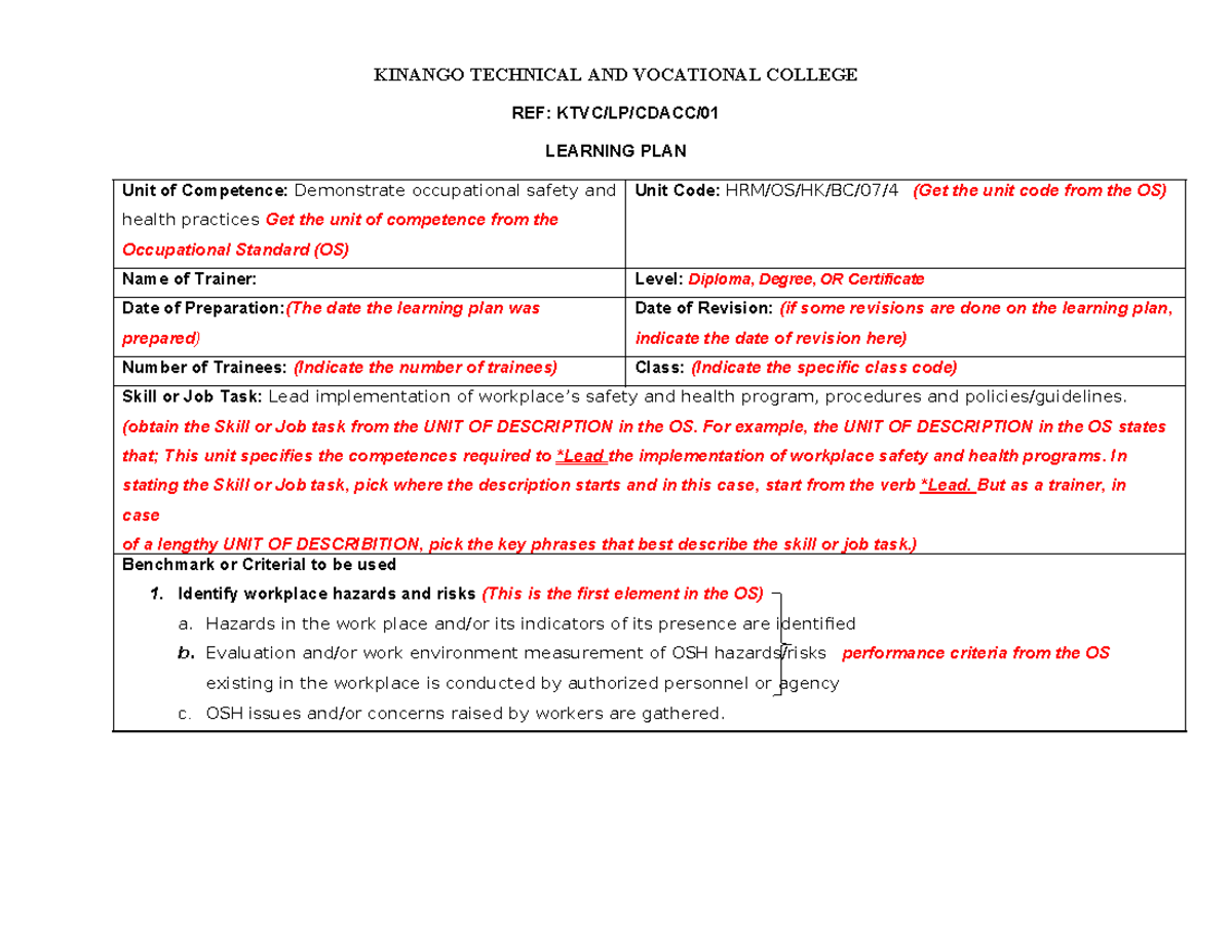 Learning Plan Guide Word - KINANGO TECHNICAL AND VOCATIONAL COLLEGE REF ...