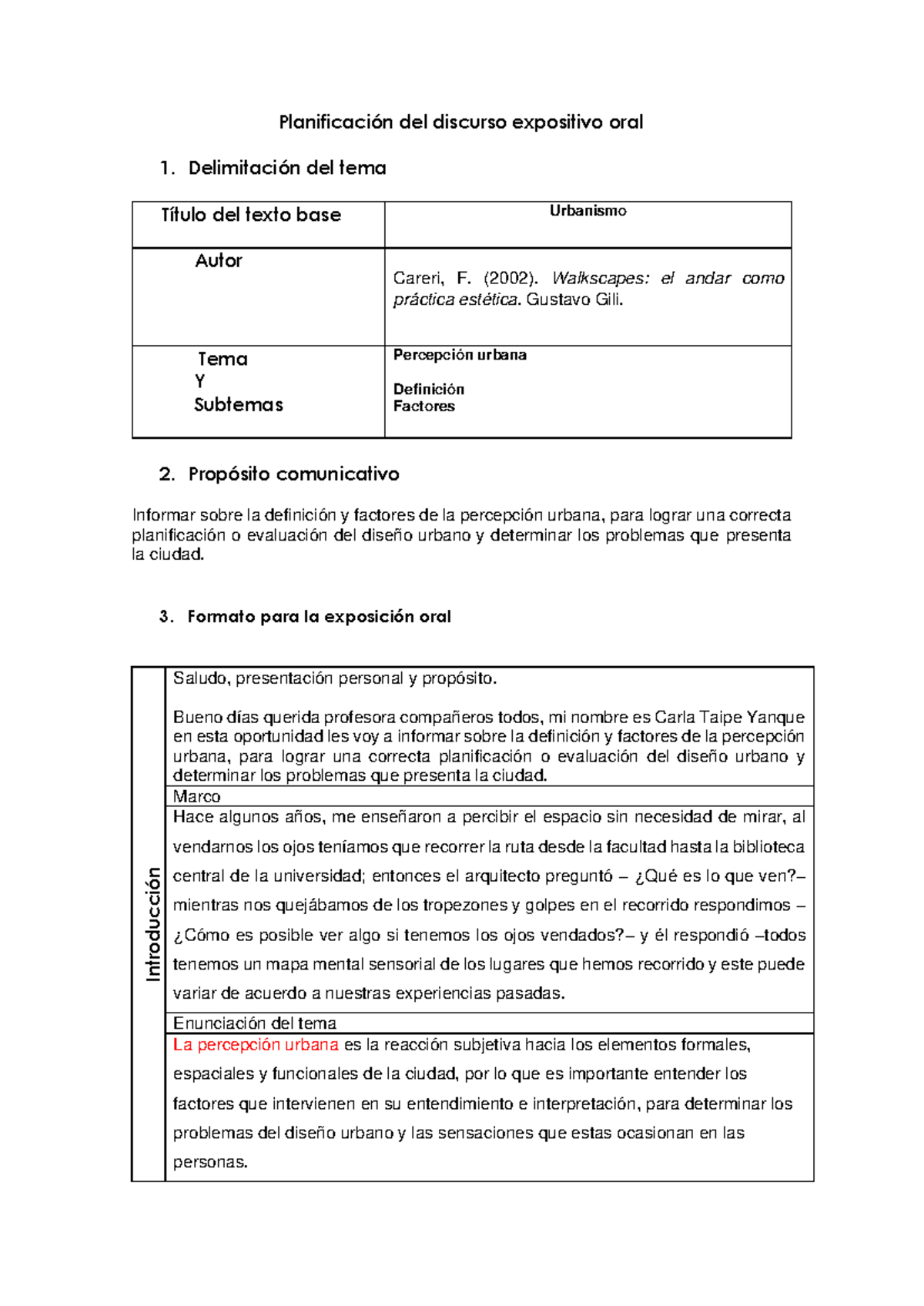 Formato Carla discurso oral - Planificación del discurso expositivo ...