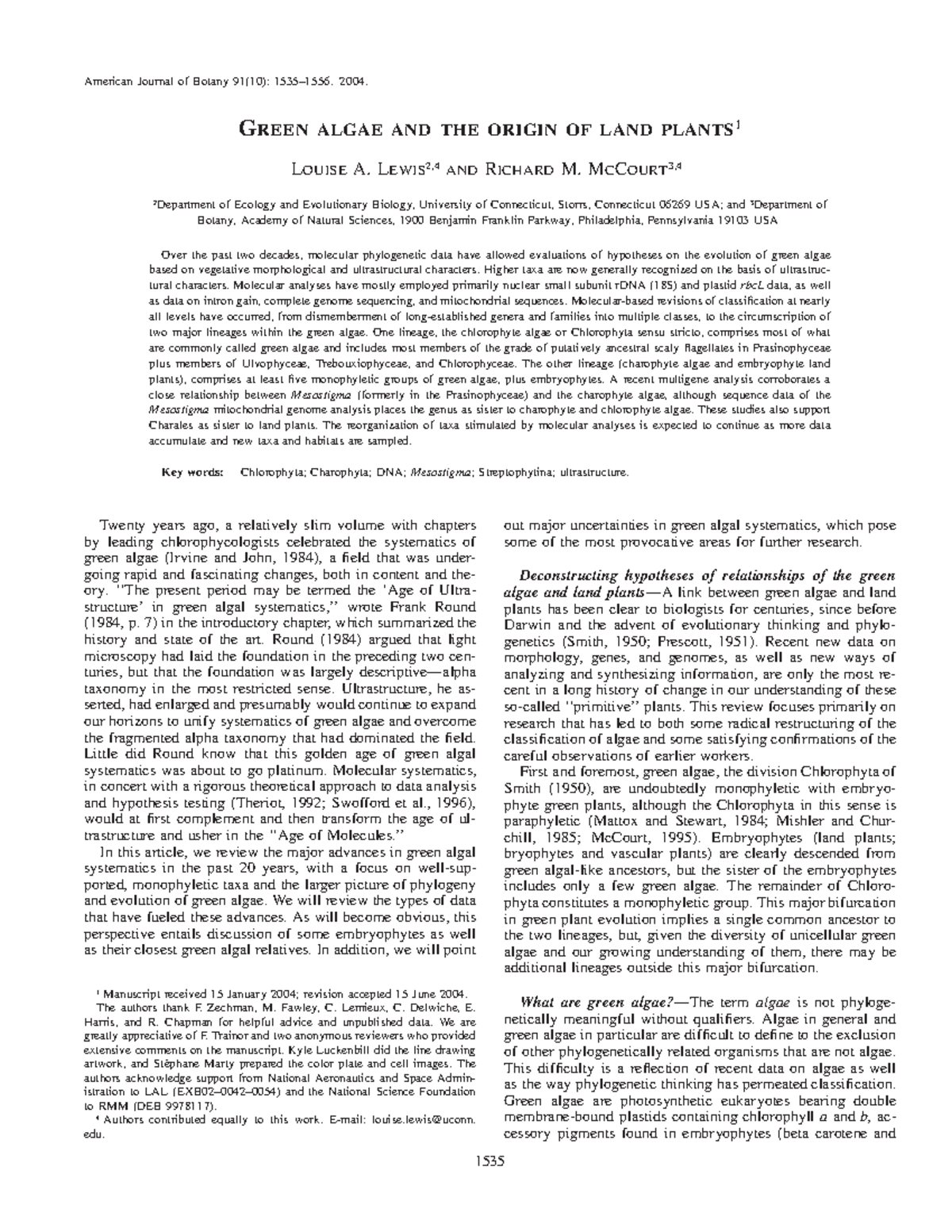 4. Green Algae - algas verdes, Chlorophyta - 1535 American Journal of ...