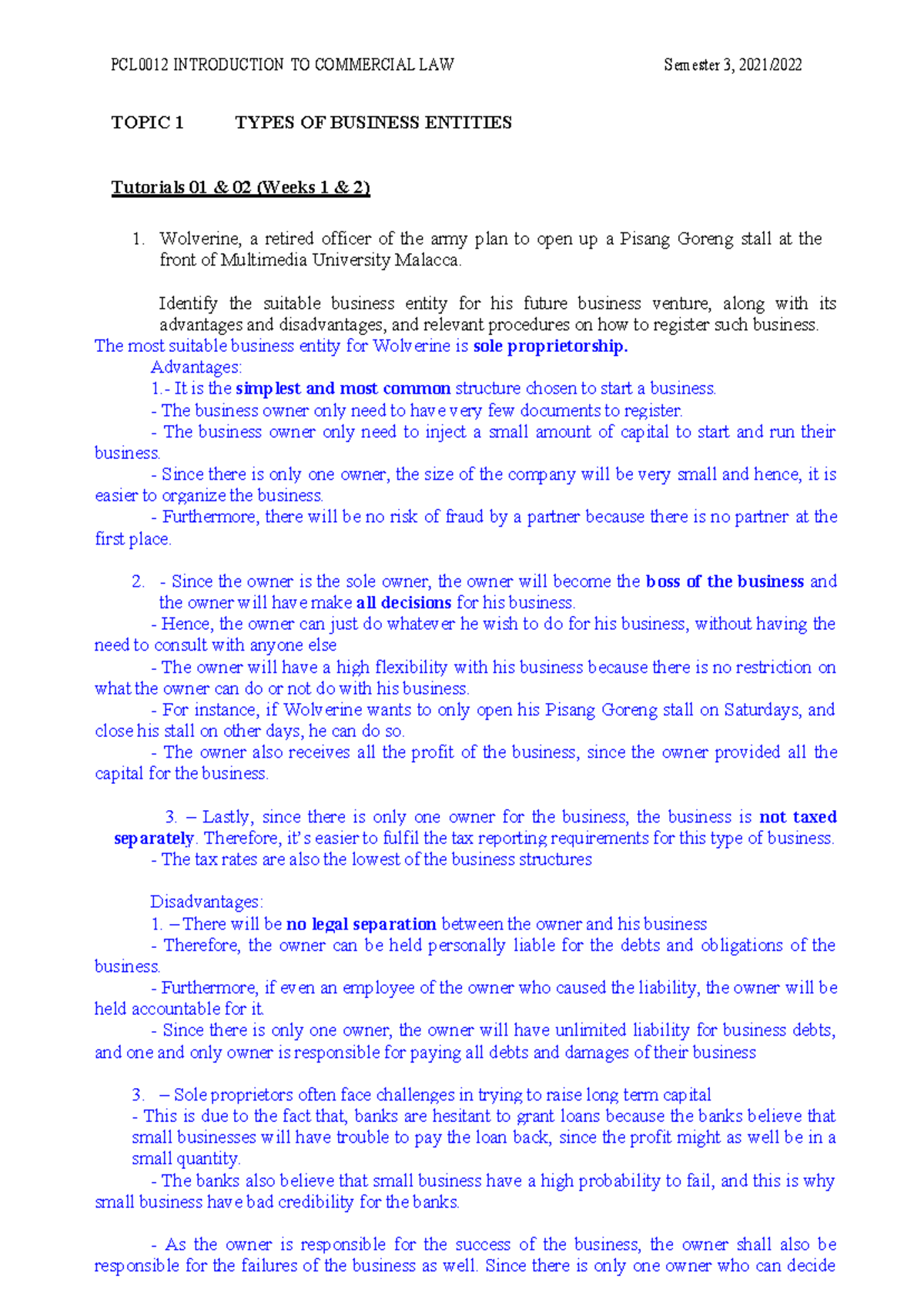 Topic 1 Types OF Business Entities [Tutorial] - PCL0012 INTRODUCTION TO ...