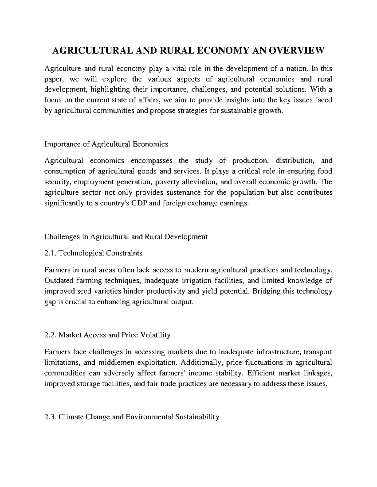 Agricultural AND Rural Economy AN Overview - AGRICULTURAL AND RURAL ...