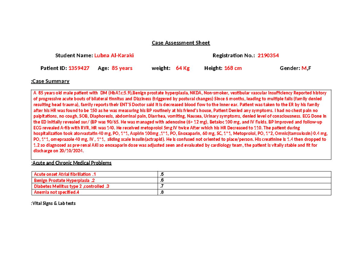 Case Assessment-Cardiology rotation-Case 1 - Case Assessment Sheet ...