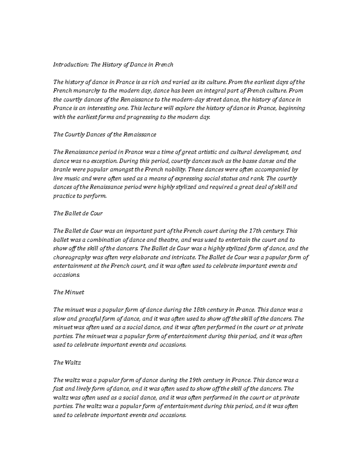 Dance Study Notes - Introduction: The History of Dance in French The ...