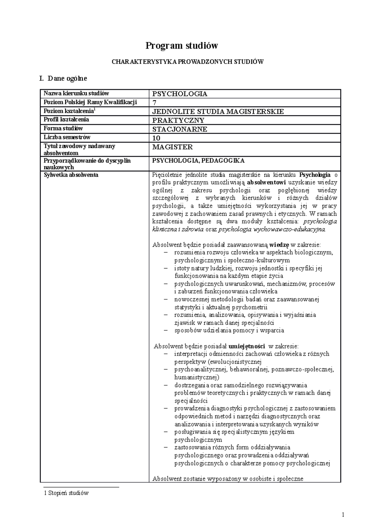 Program studiów - opis - Program studiów CHARAKTERYSTYKA PROWADZONYCH STUDIÓW I. Dane ogólne ...