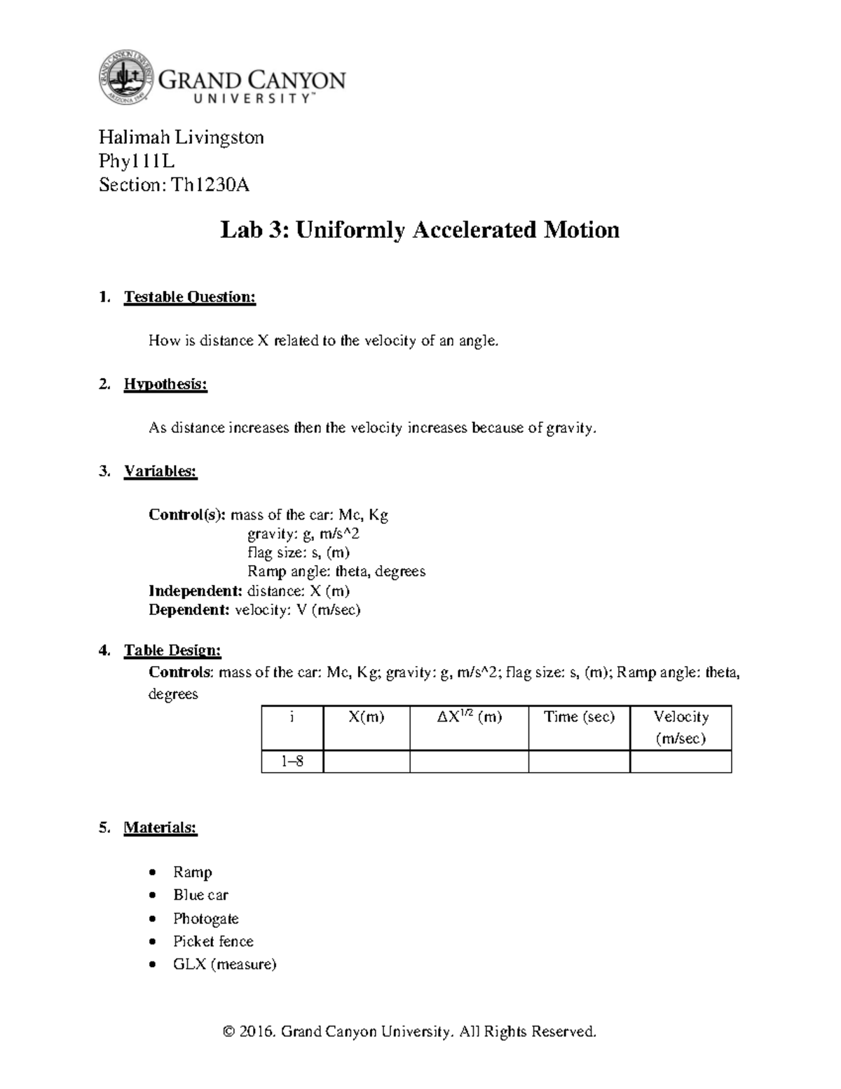 PHY-111L-RS-Lab3 Uniformly Accelerated Motion - Halimah Livingston Phy111L Section: Th1230A Lab ...
