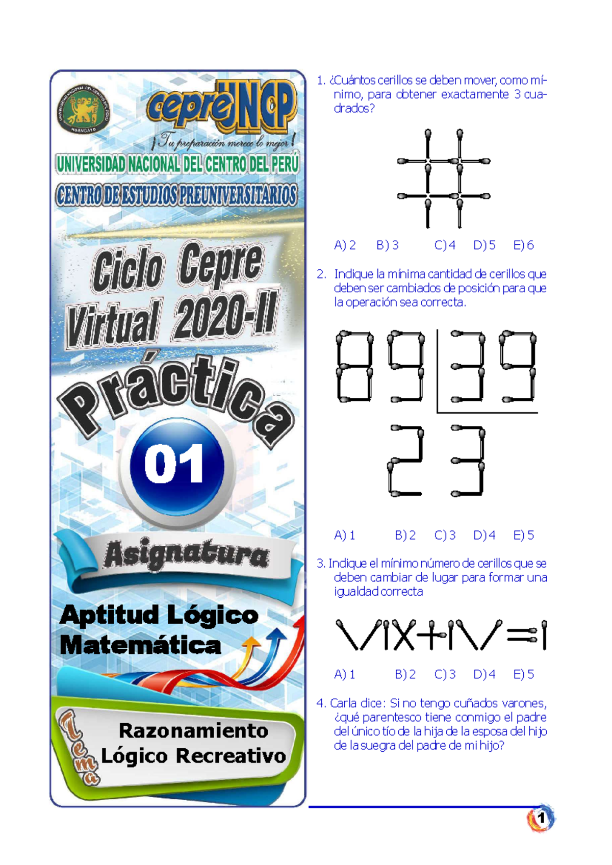 Apt log mat 01 - practica CEPRE UNCP - 1 Aptitud Lógico Matemática ...