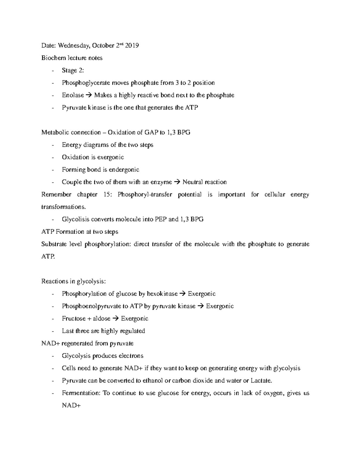 Biochemistry lecture notes 10:2 - Date: Wednesday, October 2nd 2019 ...