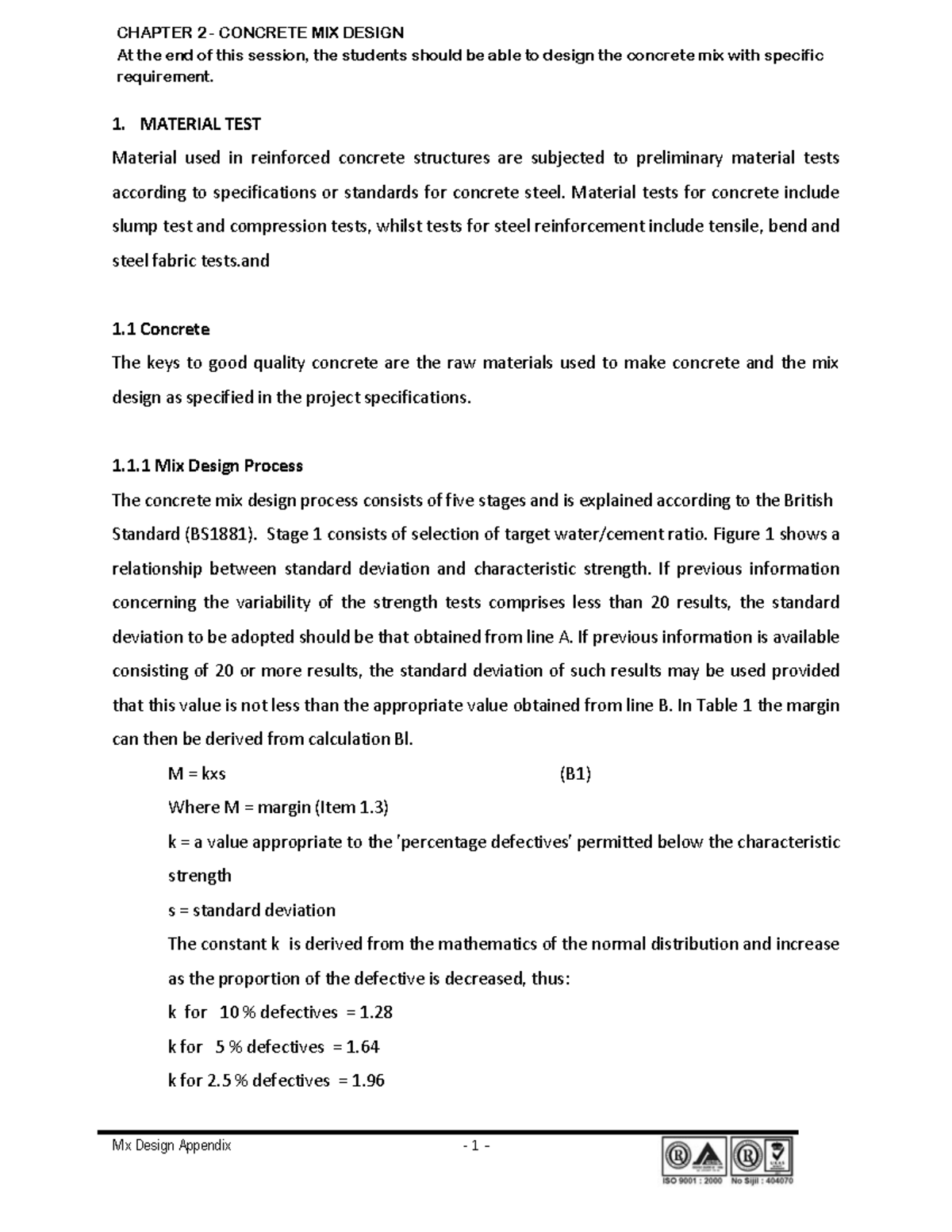 Example of concrete mix design laboratory - 1. MATERIAL TEST Material ...