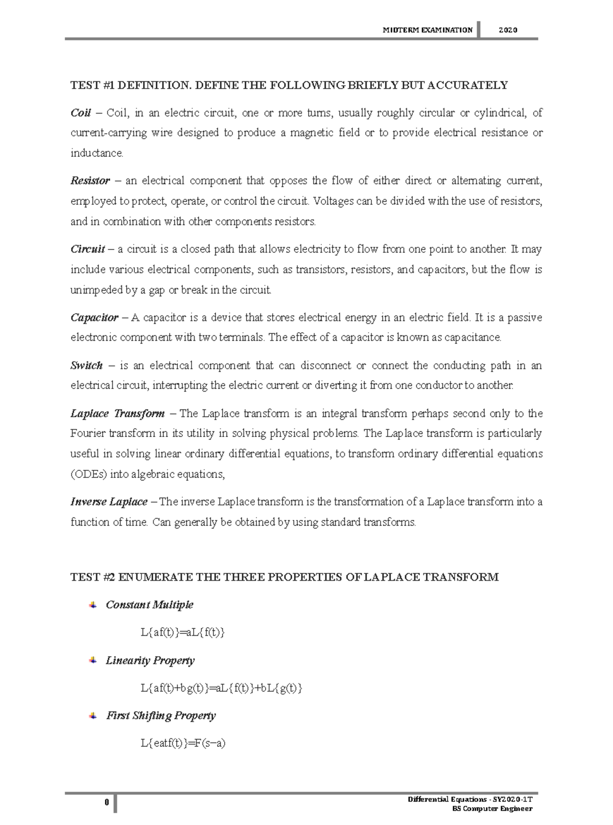 Midterm Examination - MIDTERM EXAMINATION 2020 TEST #1 DEFINITION ...