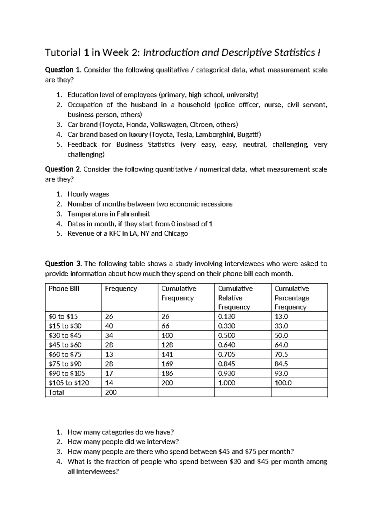 Tutorial 1 in Week 2 - Tutorial 1 in Week 2: Introduction and Descriptive Statistics I Question ...