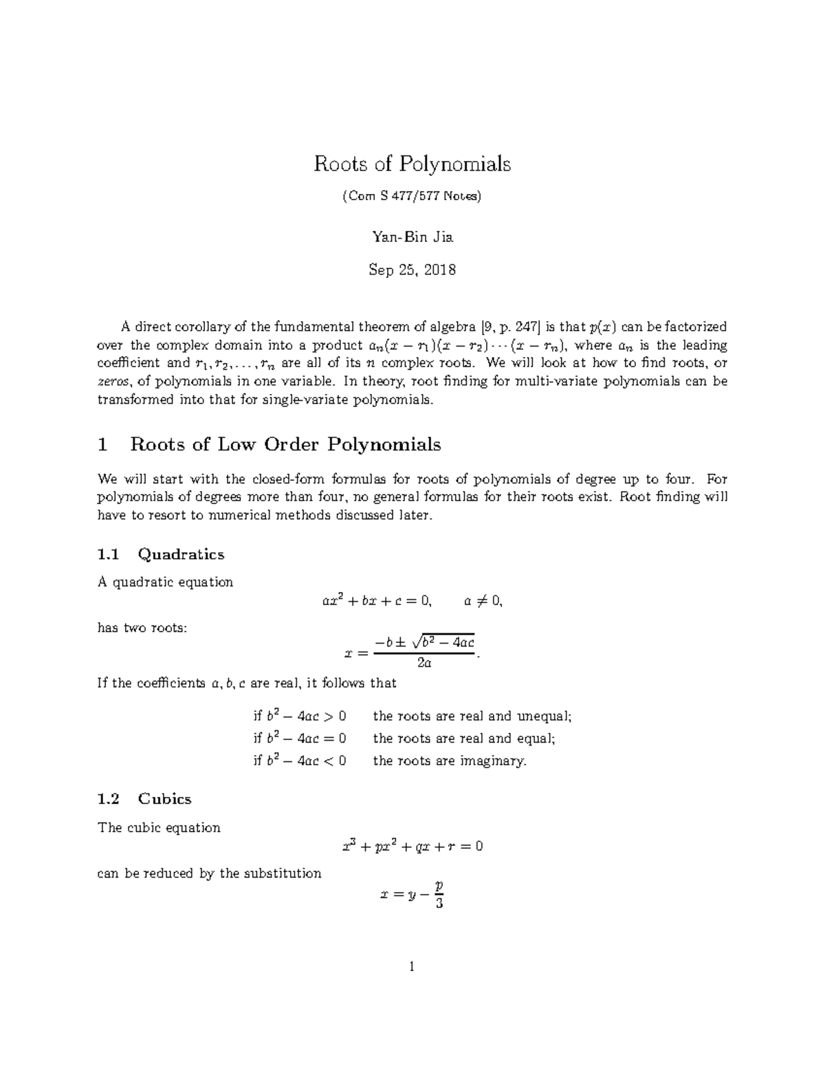 No of roots in a polynomial - Roots of Polynomials (Com S 477/577 Notes ...