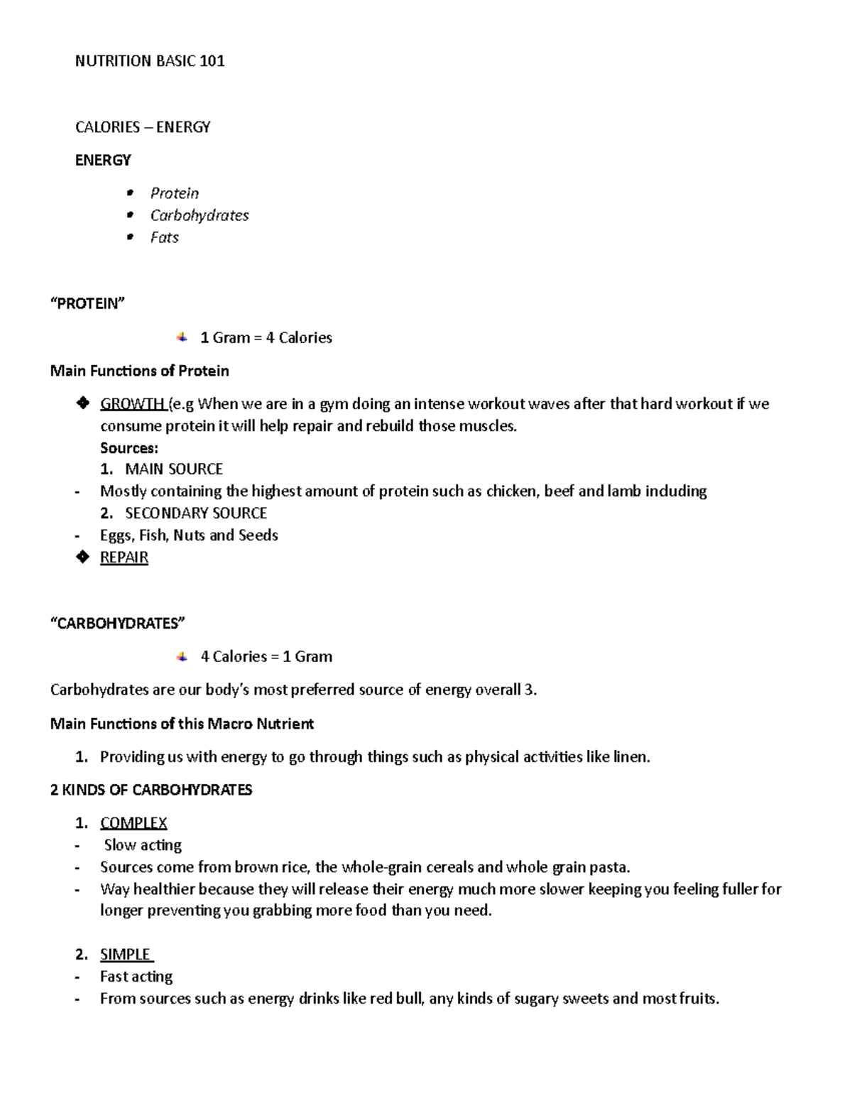 Nutrition Basic 101 - Tutorials - NUTRITION BASIC 101 CALORIES – ENERGY ENERGY Protein - Studocu
