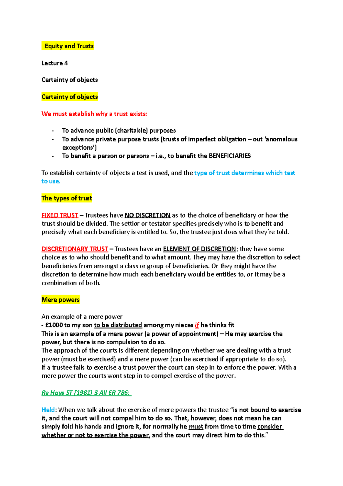 Lecture 4 -Certainty of objects - Equity and Trusts Lecture 4 Certainty of objects Certainty of ...
