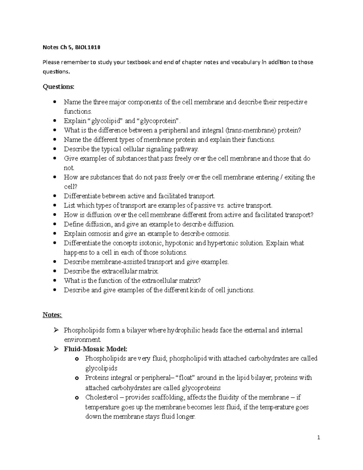 Chapter 5 BIOL1010 notes - Notes Ch 5, BIOL Please remember to study ...