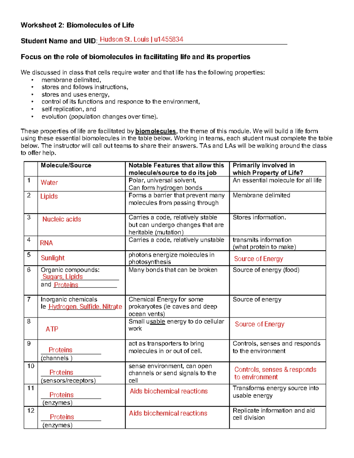 Worksheet 2 - Biomolecules of Life - Worksheet 2: Biomolecules of Life ...