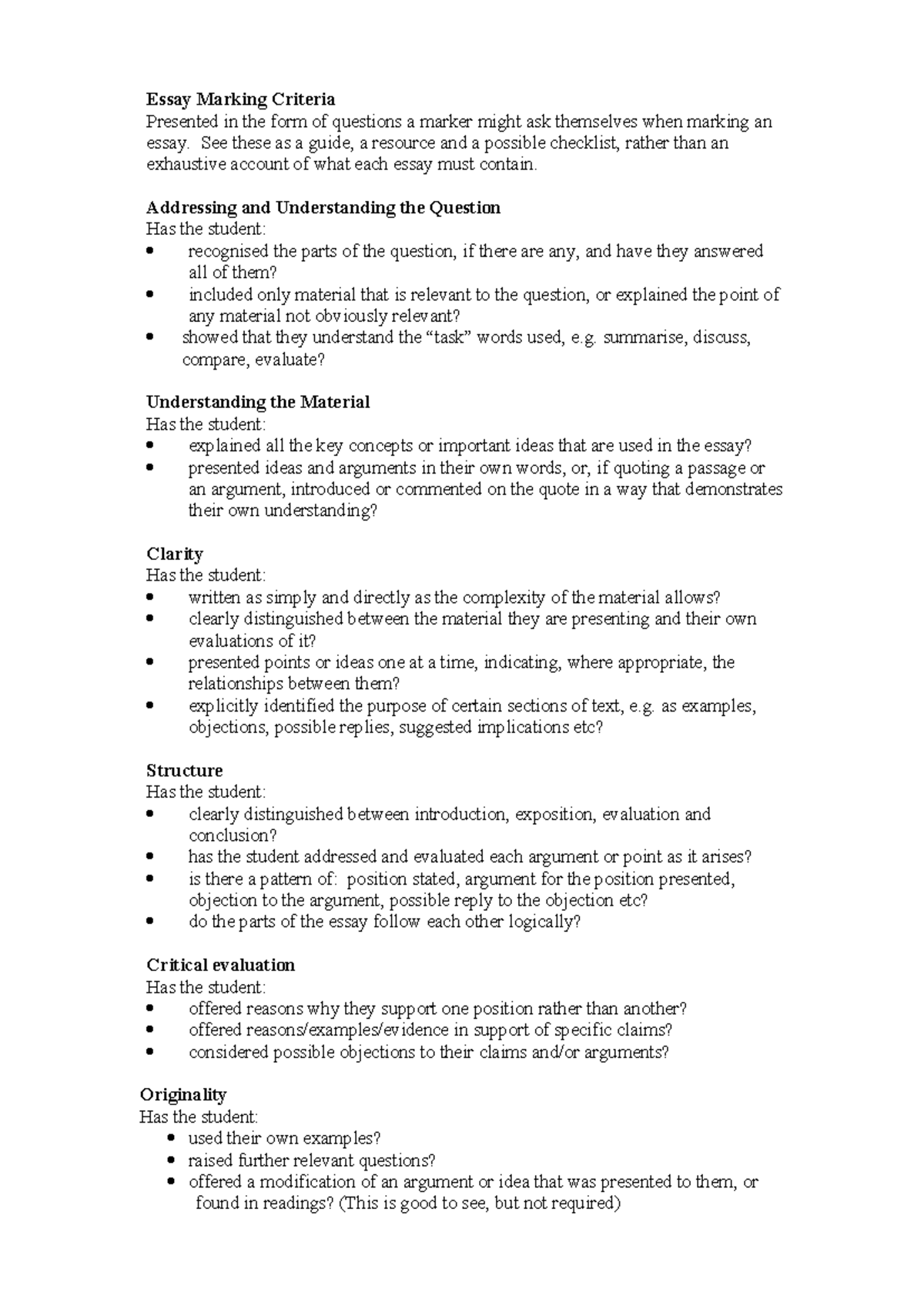 General Essay Marking Criteria - Essay Marking Criteria Presented in ...