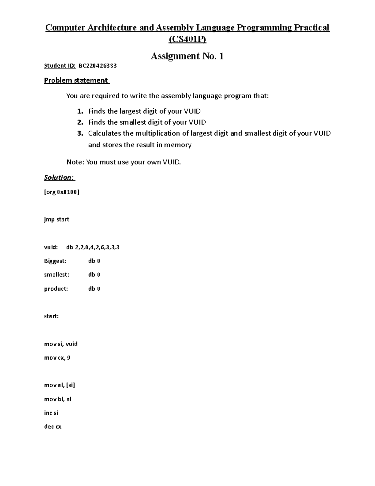 BC220426333 - hi this is my document - Computer Architecture and Assembly Language Programming ...